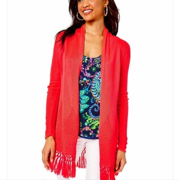 Lilly Pulitzer | Sweaters | Lilly Pulitzer Tatum Fringe Cardigan Size Xl Ruby Red Metallic Open ...